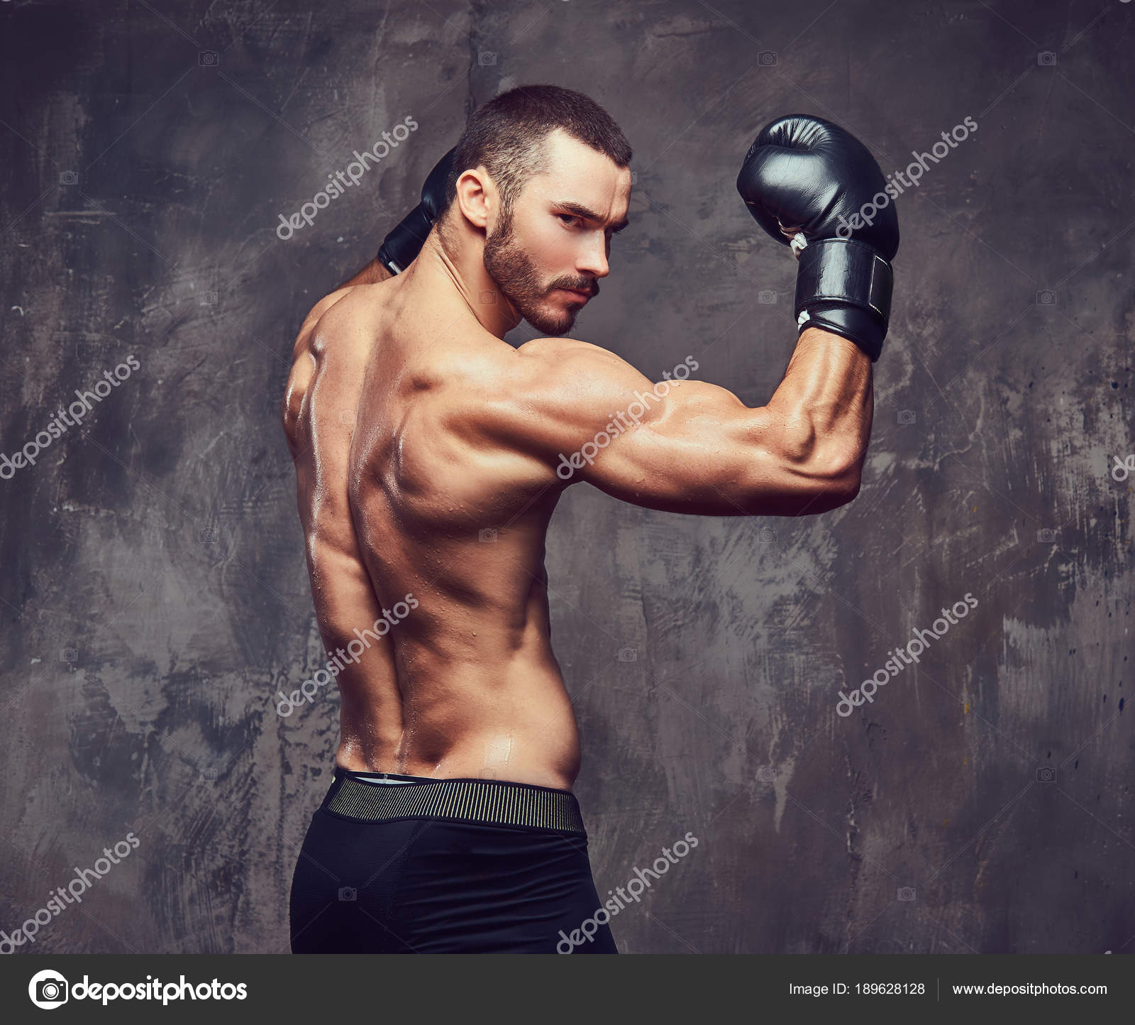 Brutal Muscular Boxer Boxing Gloves Working Punching Technique Stock ...