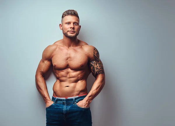 Smiling Handsome Shirtless Bodybuilder Stylish Haircut Beard Tattoo His ...