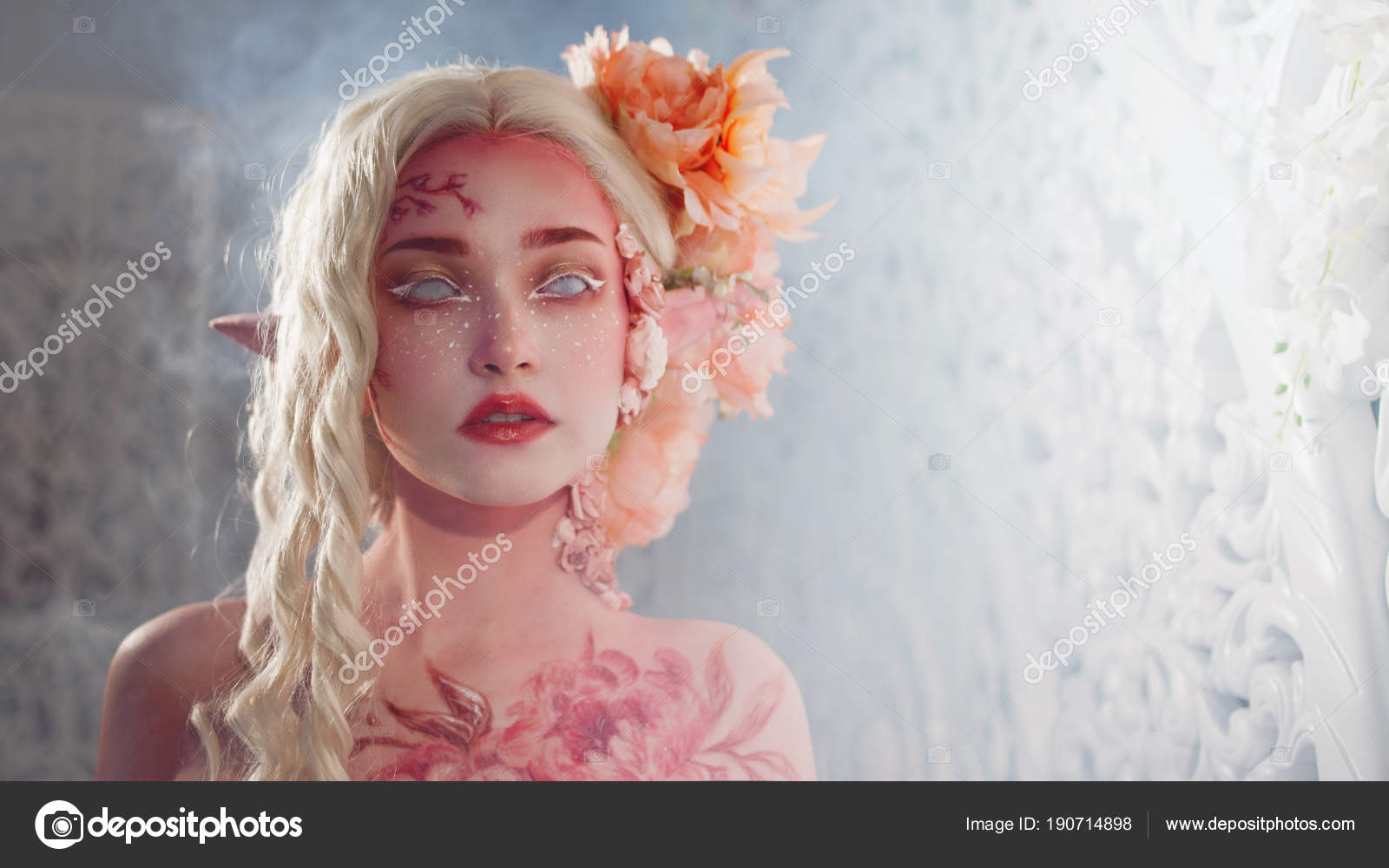 Mysterious elf girl. Creative pink makeup. Elvish ears. Stock Photo by ...