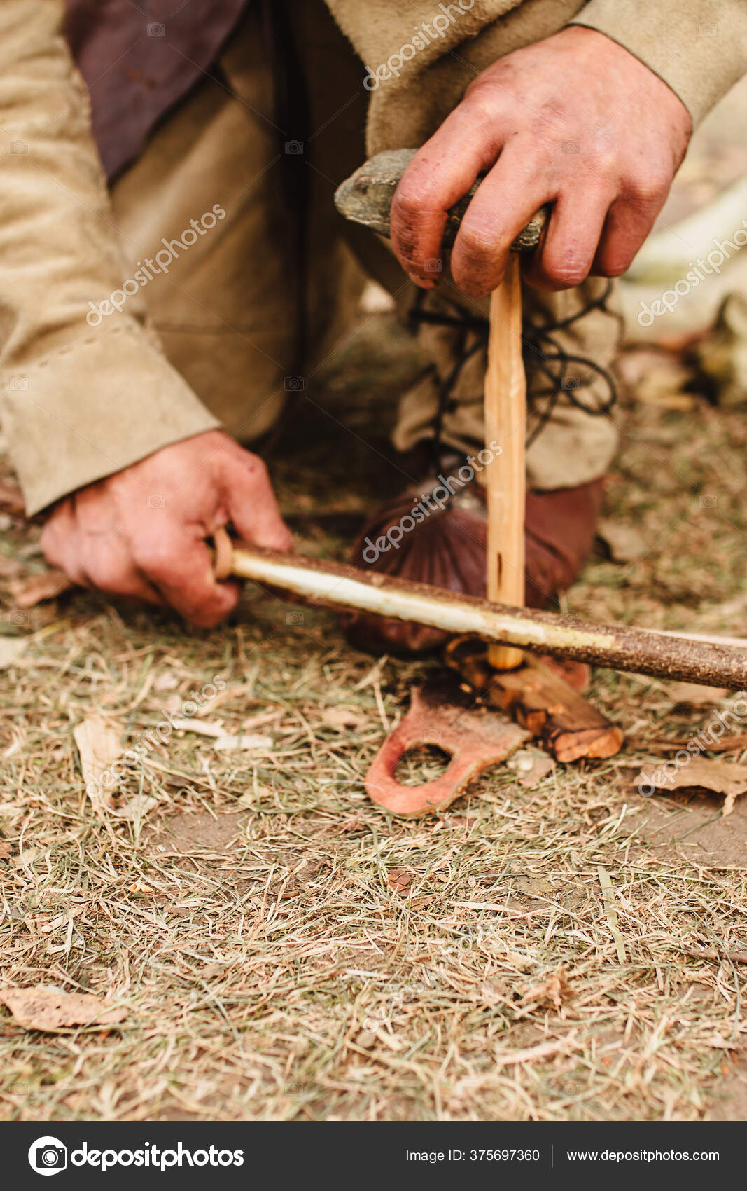 How Make Fire Friction Using Bow Leather Cord Soft Wood — Stock Photo ... How Make Fire Friction Using Bow Leather Cord Soft Wood — Stock Photo ...