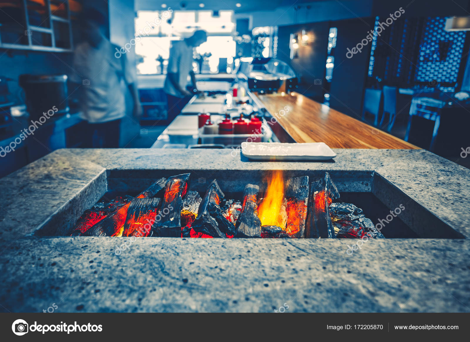 Restaurant kitchen interior: brazier burning wood Stock Photo by ...