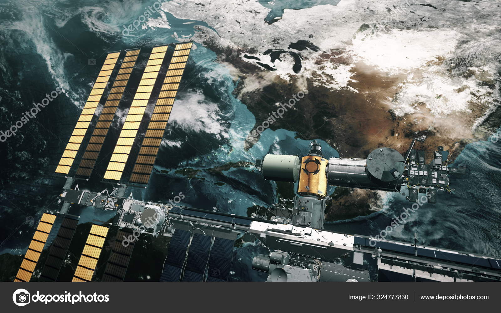 ISS with solar panel revolve over Earth atmosphere Stock Photo by ...