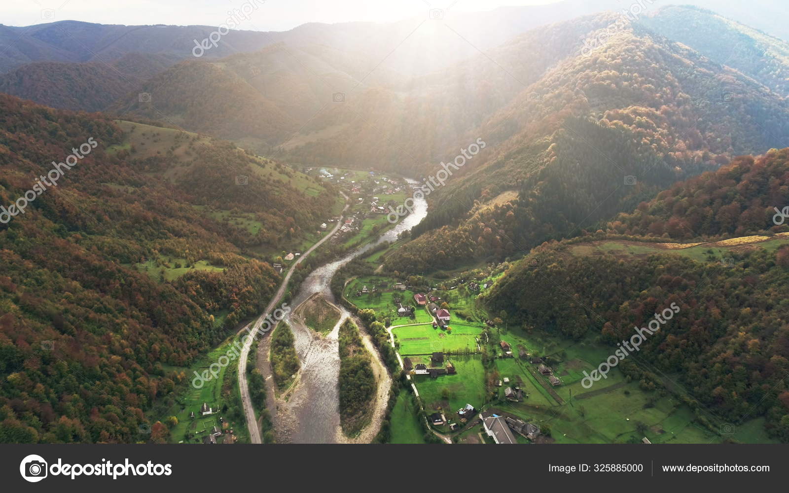 River with bridge connects villages between forestry hills ⬇ Stock ...