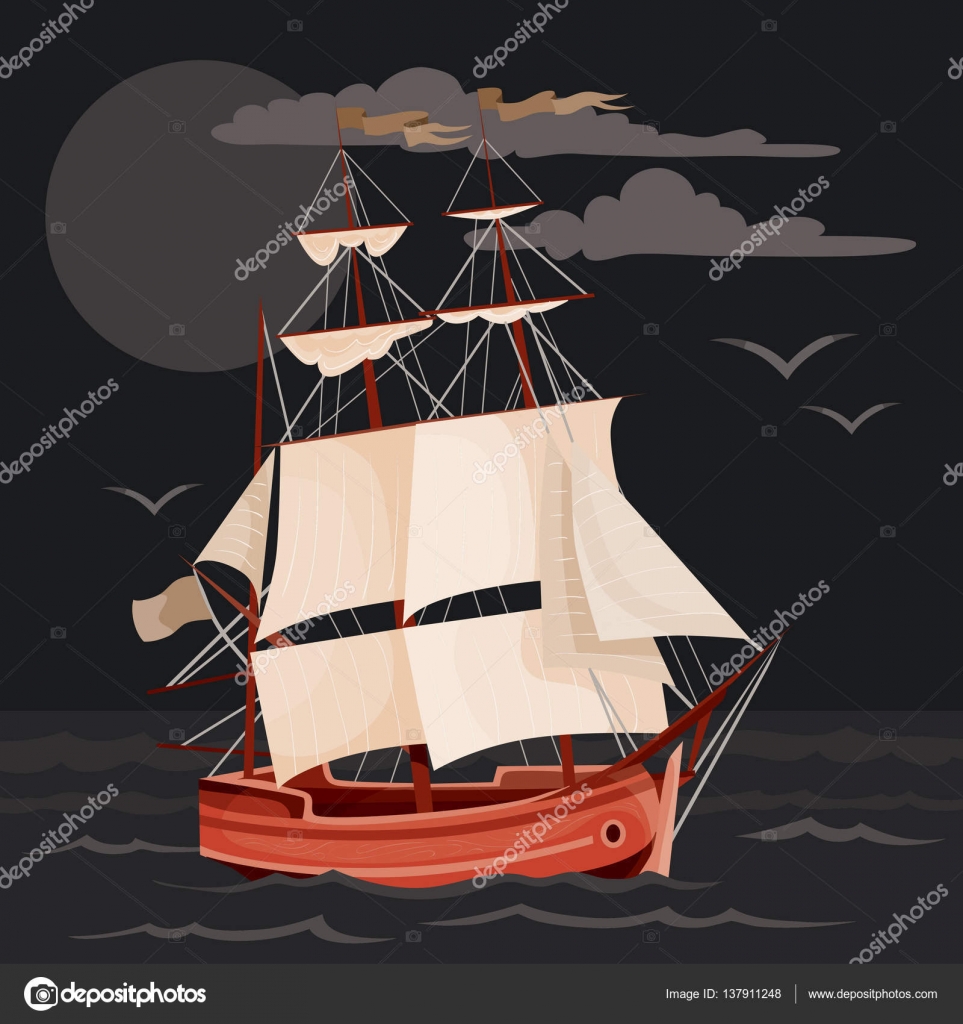 Cartoon sailing ship in sea — Stock Vector © Kopirin #137911248