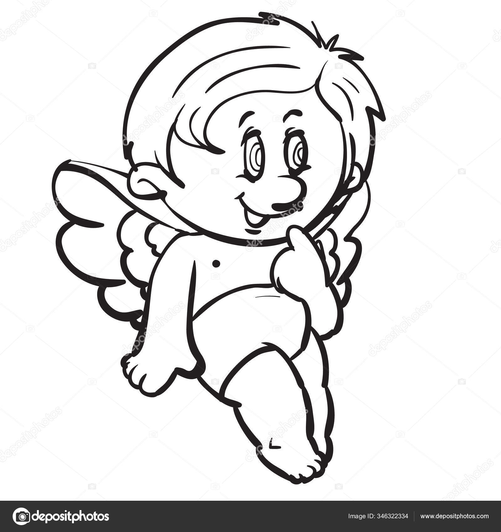 Divertido lindo ángel sentado extendiendo sus alas y charlando con las ...