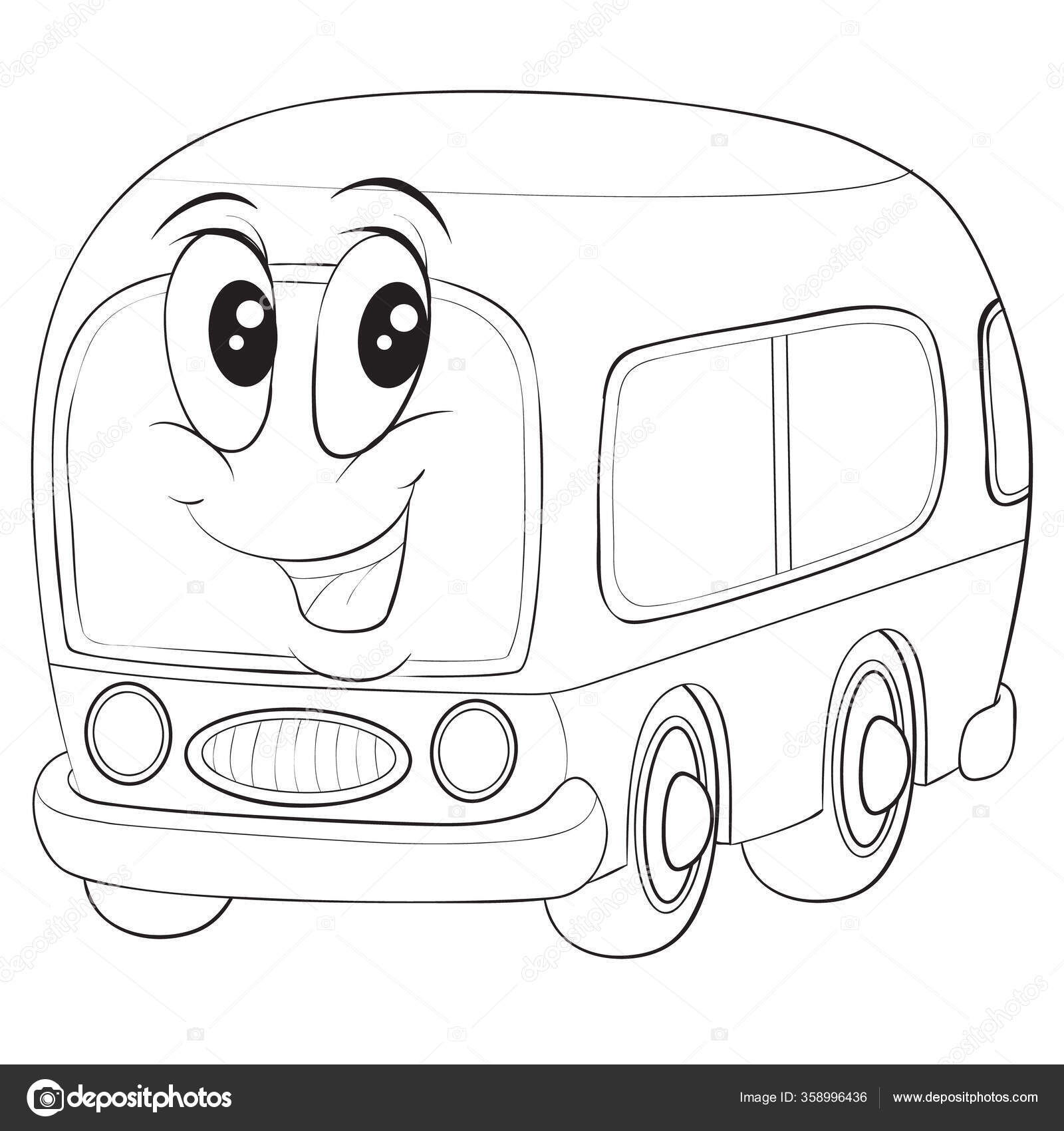 Autobus postava s velkýma očima, roztomilý, kreslené, obrys kresba ...