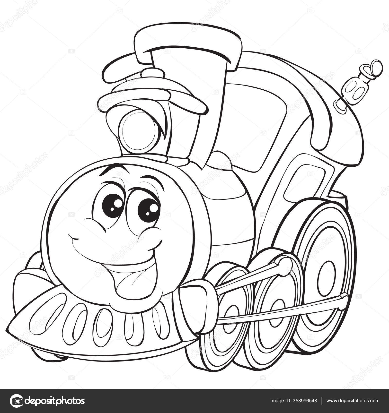 Train character with big eyes, cute, cartoon, outline drawing, isolated ...