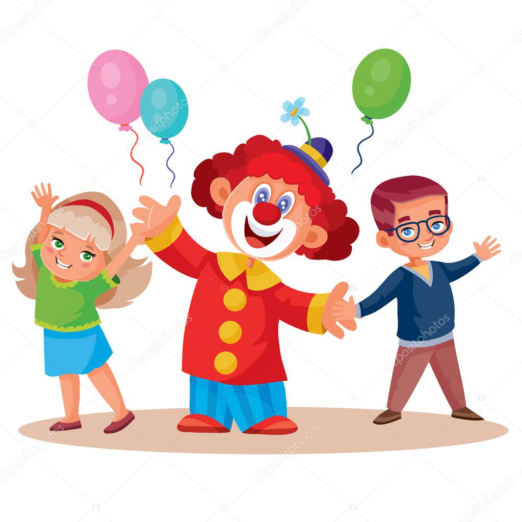 vacaciones de ni os con ni os payaso con globos, objeto aislado sobre un fondo blanco, ilustraci ...