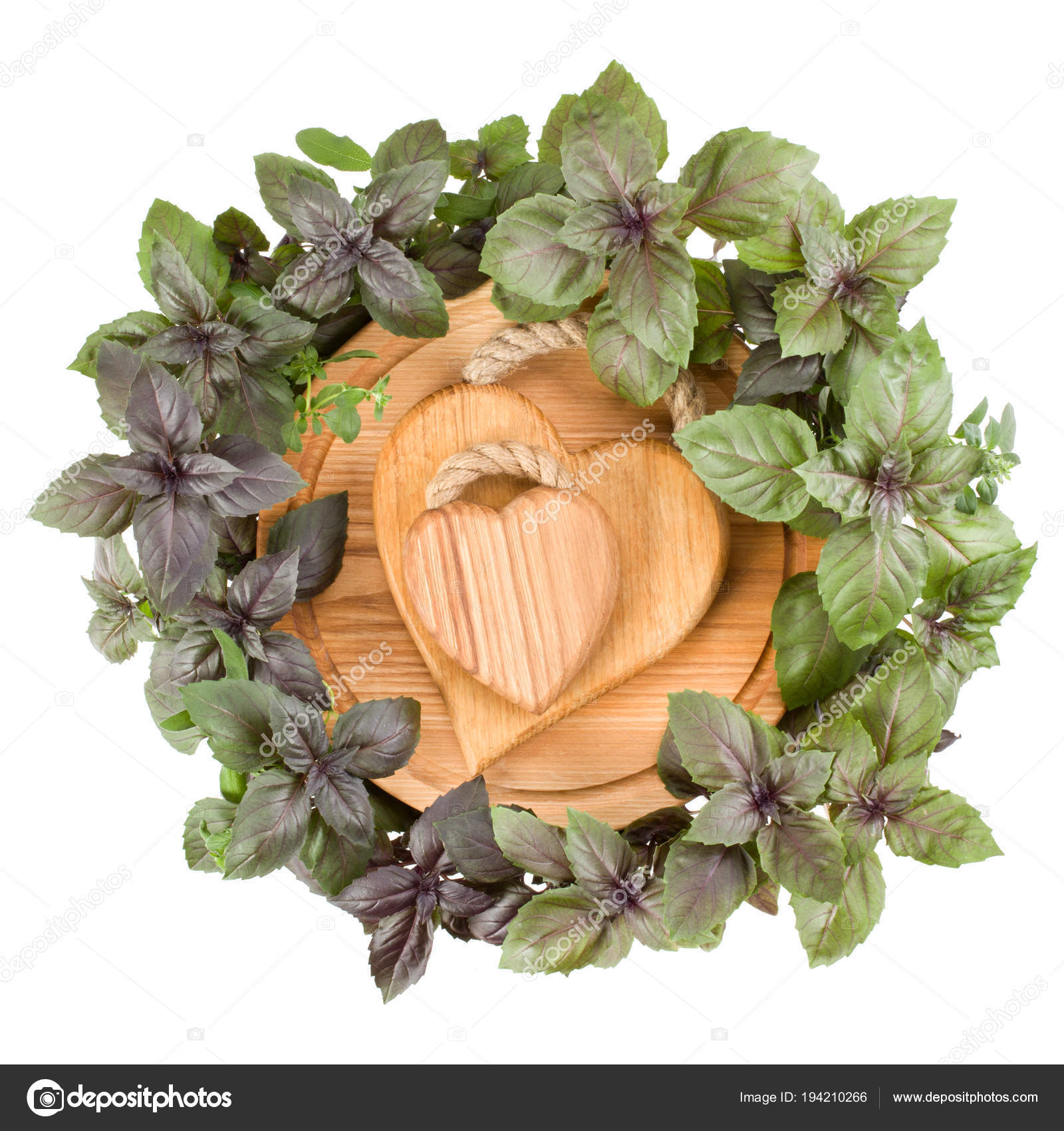 Various Sweet Basil Herb Leaves Frame Wooden Hearts Shaped Board ...