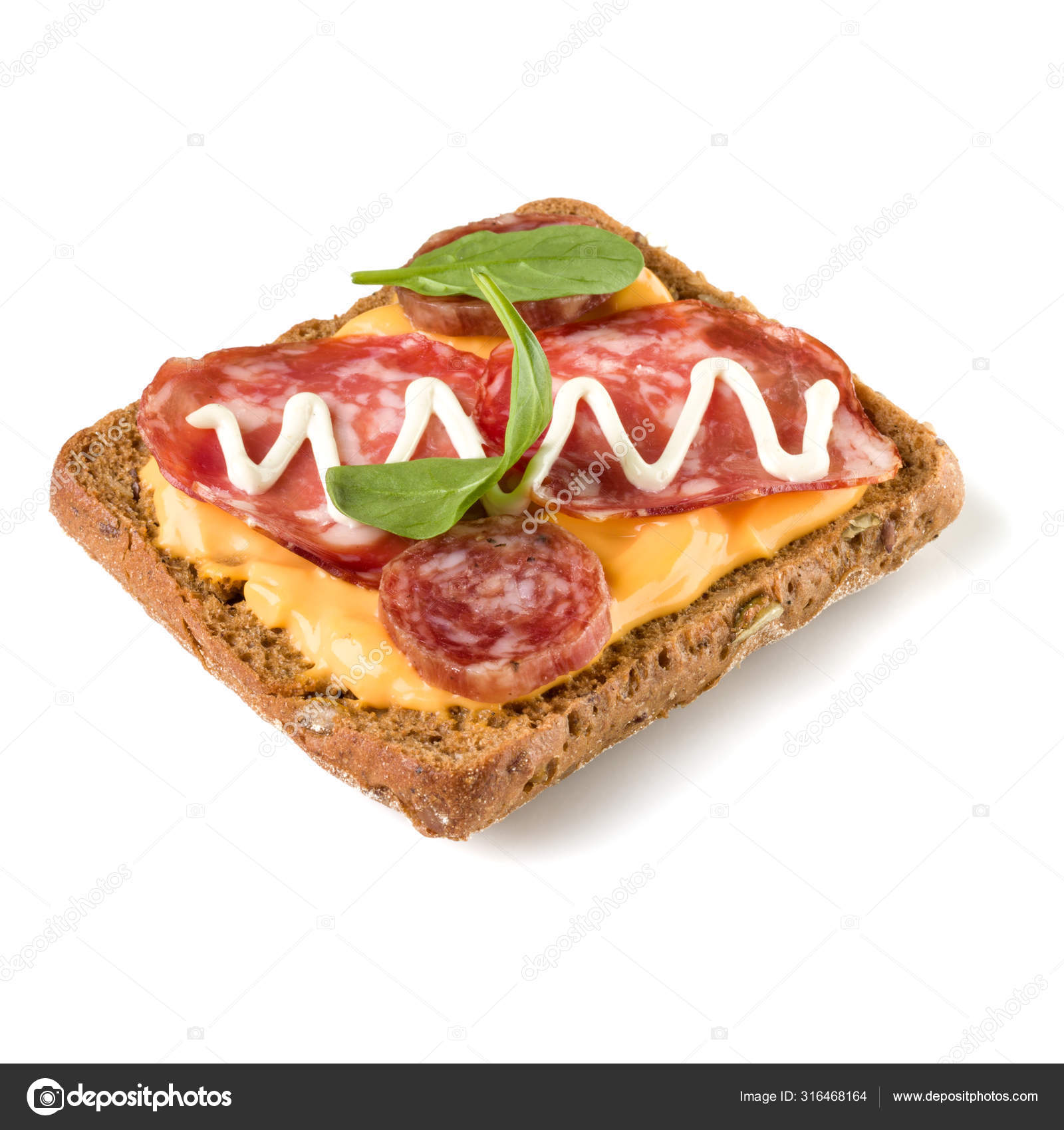Canape with salami. Open faced sandwich crostini isolated on whi ...