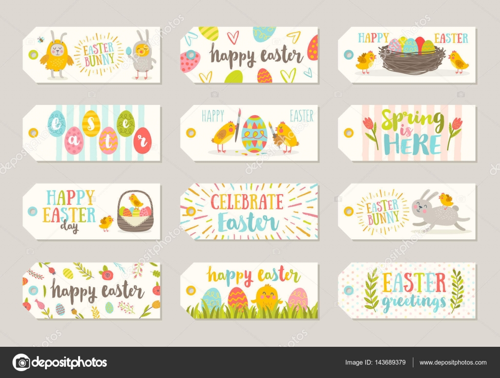 Set of Easter gift tags and labels with cute cartoon characters and ...
