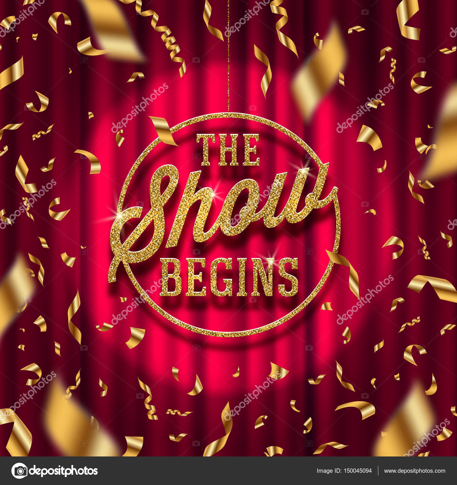 "the show begins" - golden signboard in spotlight on red curtain ...