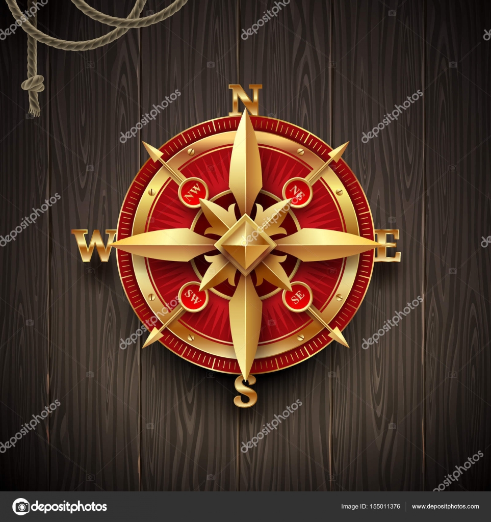 Golden ancient compass rose on a wooden plank background. Vector ...