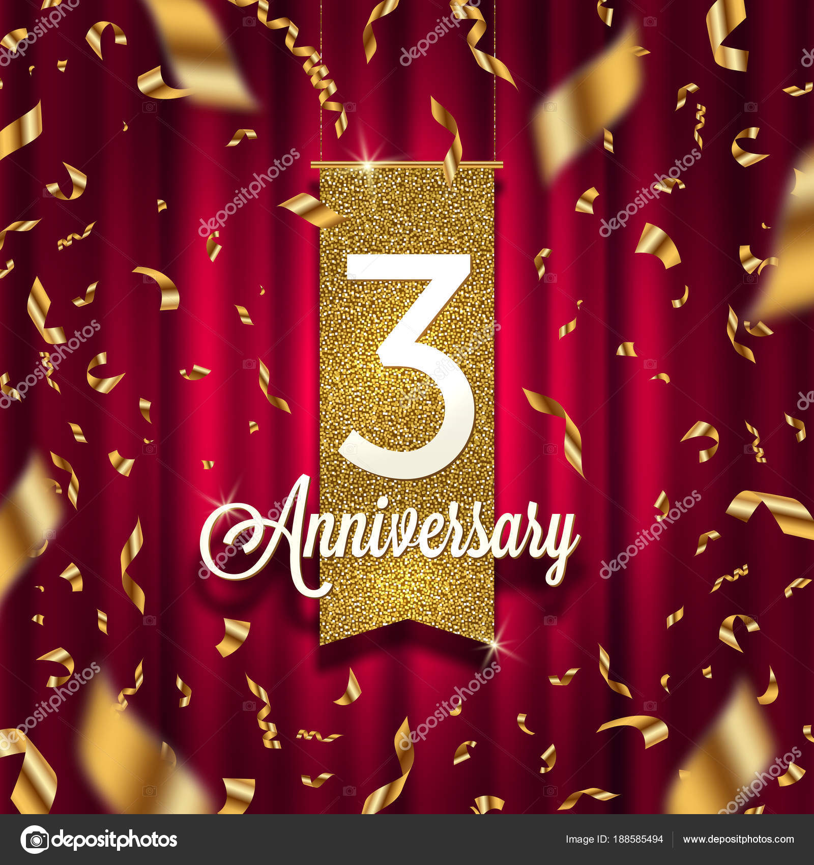 Three years anniversary golden signboard in spotlight on red curtain ...
