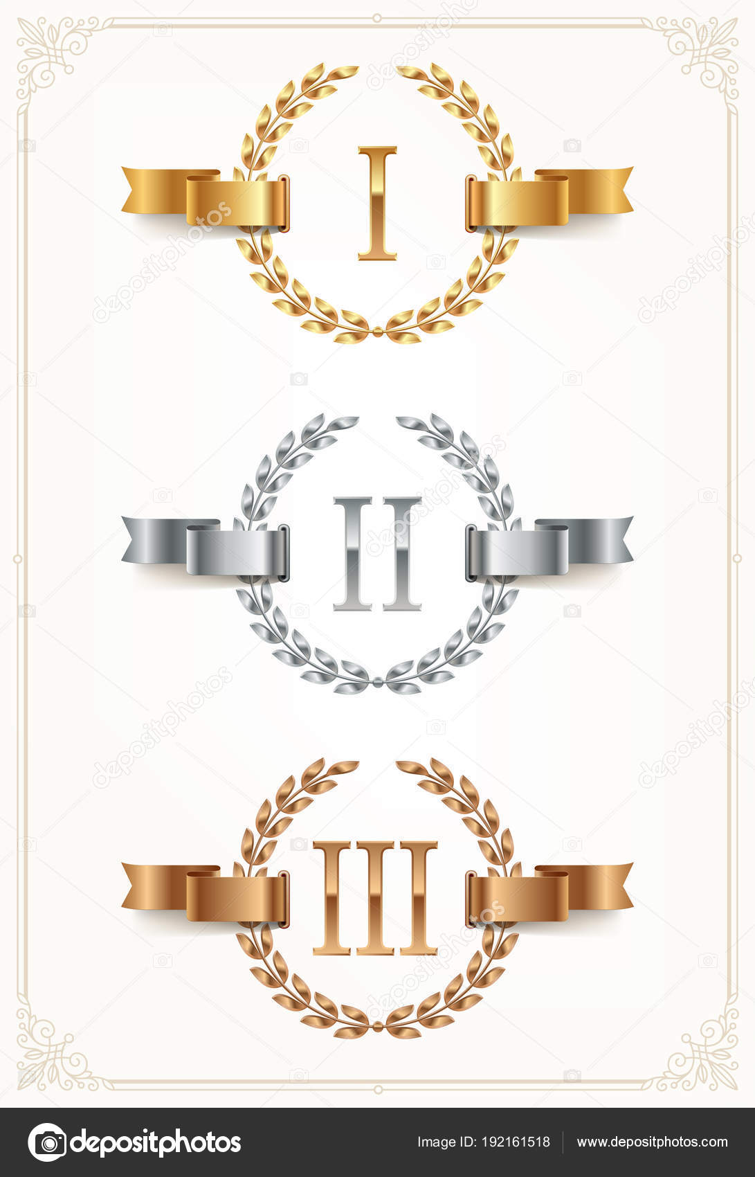 Set of rank emblems - gold, silver, bronze. First place, second place ...