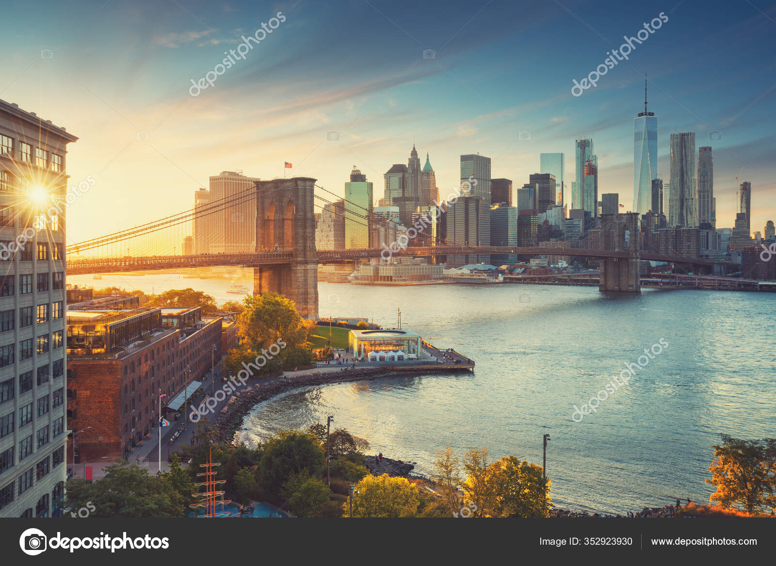 Famous Brooklyn Bridge New York City Financial District Downtown ...