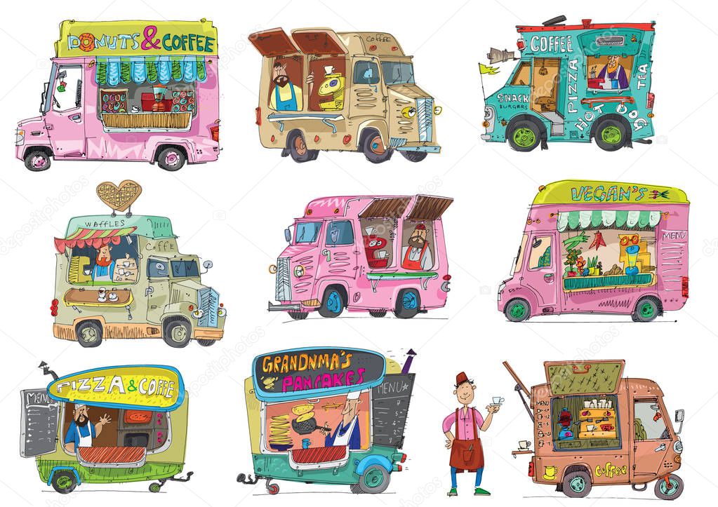 Conjunto de todo tipo de camiones de comida de la calle. Lugares de ...