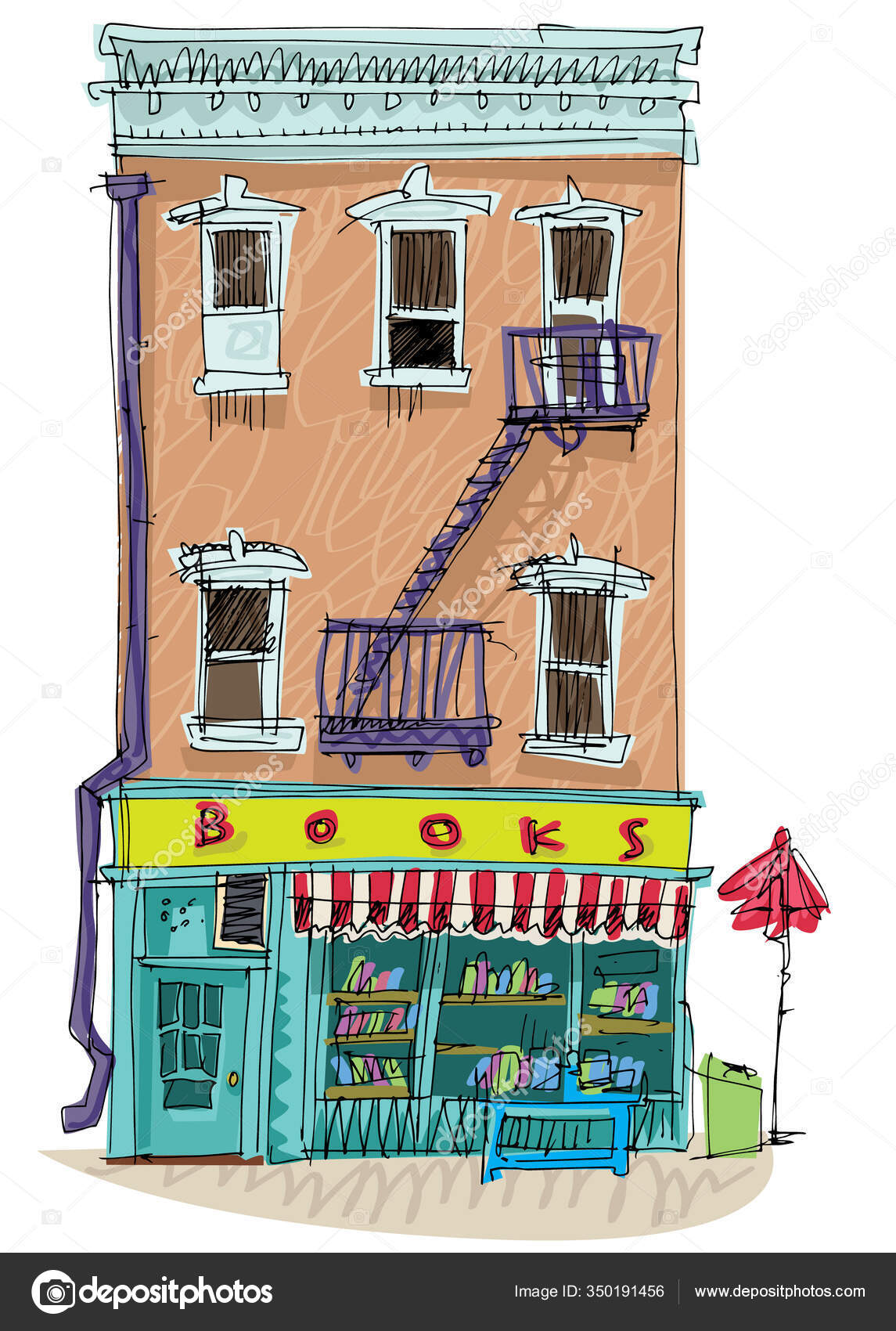 Bookshop Building Facade Row Books Window Vector Illustration Hand ...