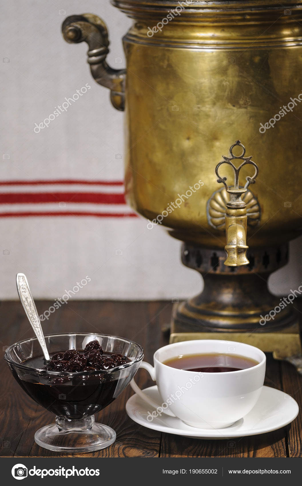 A cup of tea, a cherry jam and a samovar — Stock Photo © milicenta ...