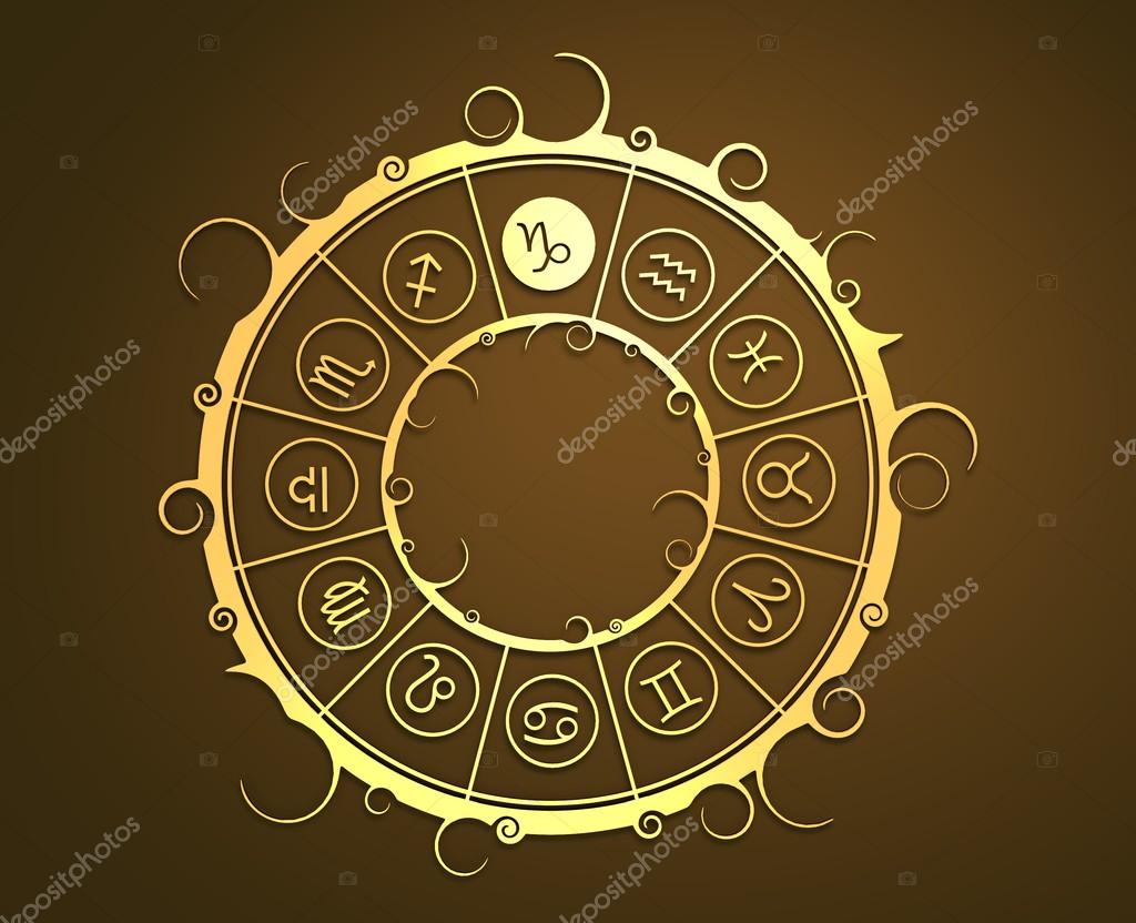 Símbolos astrológicos en círculo dorado. El signo de cabra marina 2023