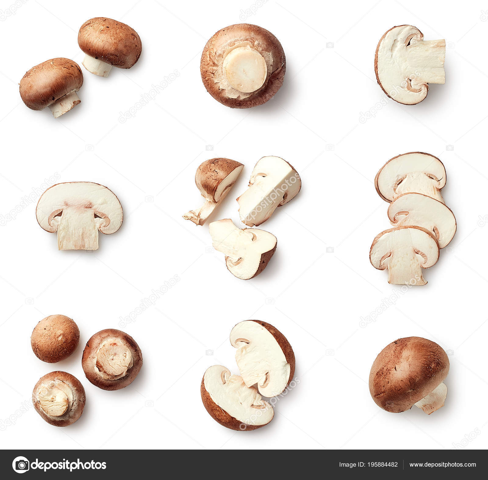 Set Fresh Whole Sliced Champignon Mushrooms Isolated White Background ...