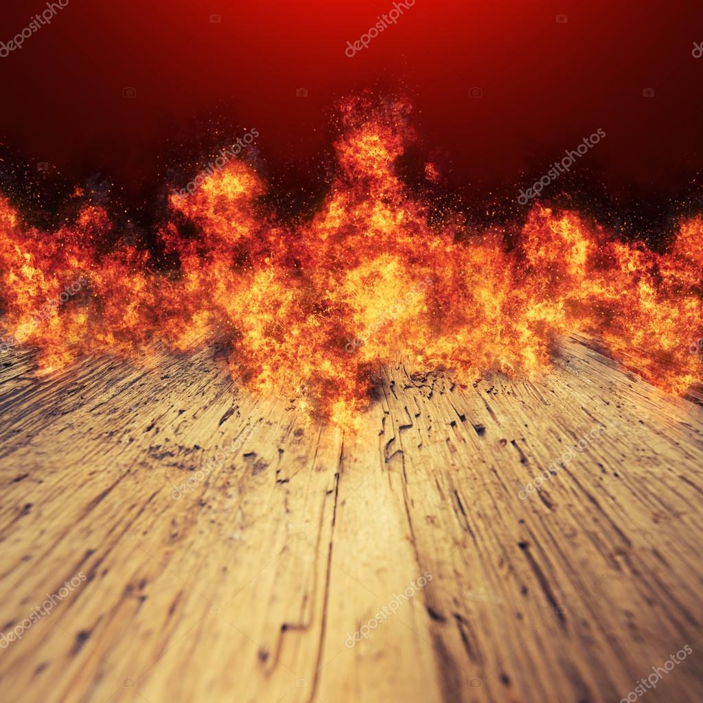 Fire flames on a wood table background — Stock Photo © zoomteam #126340266