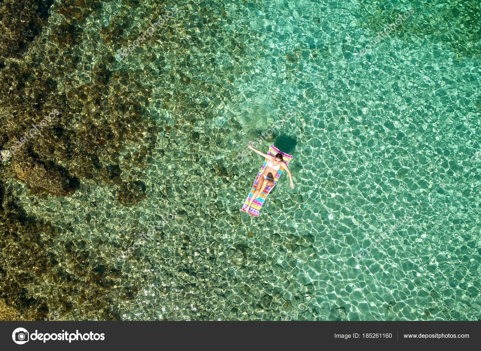 Top View Young Woman Bright Bikini Swimming Transparent Blue Sea ...