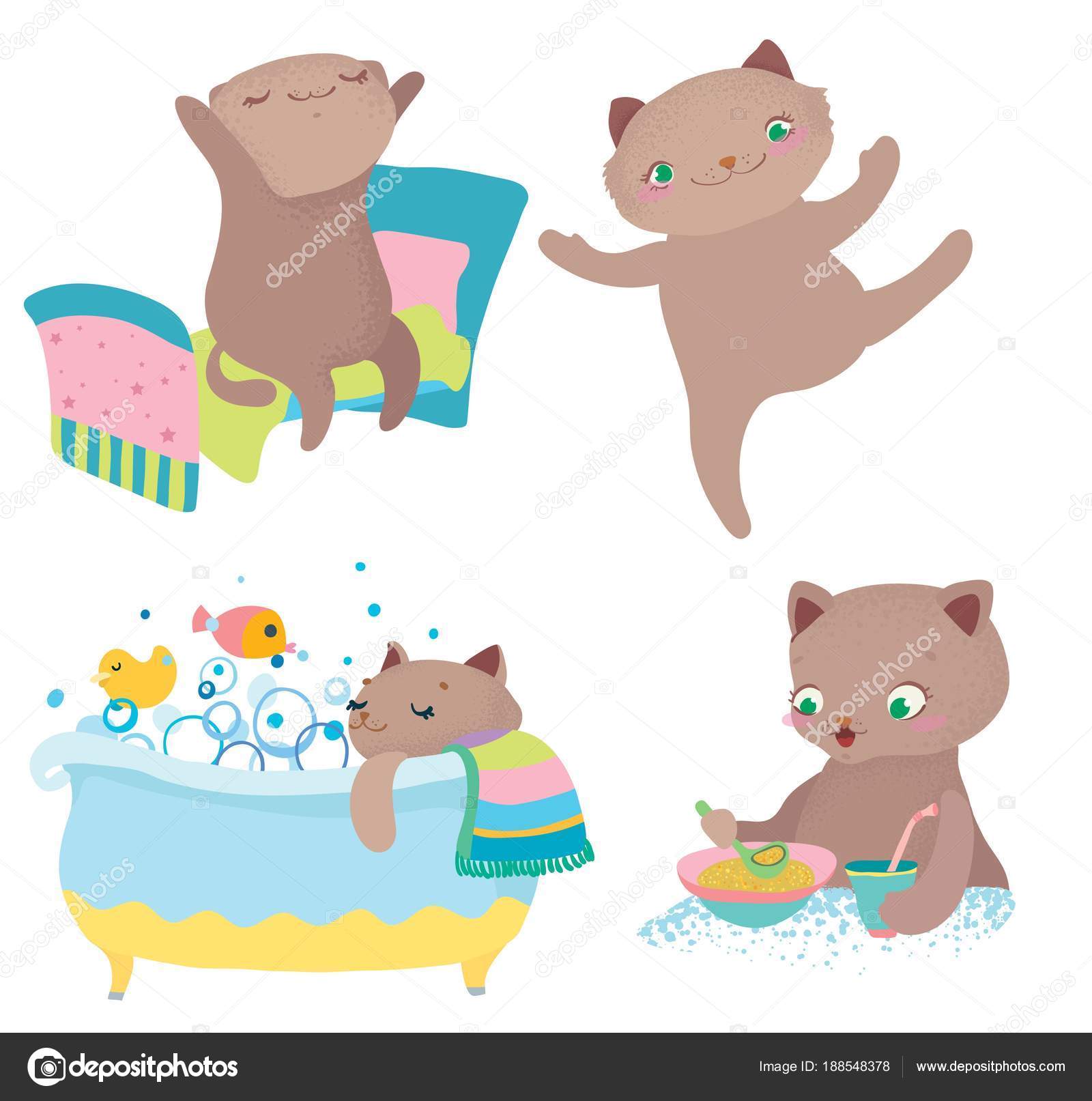 Cute cartoon cat morning routine Stock Vector Image by ©Vasilek #188548378