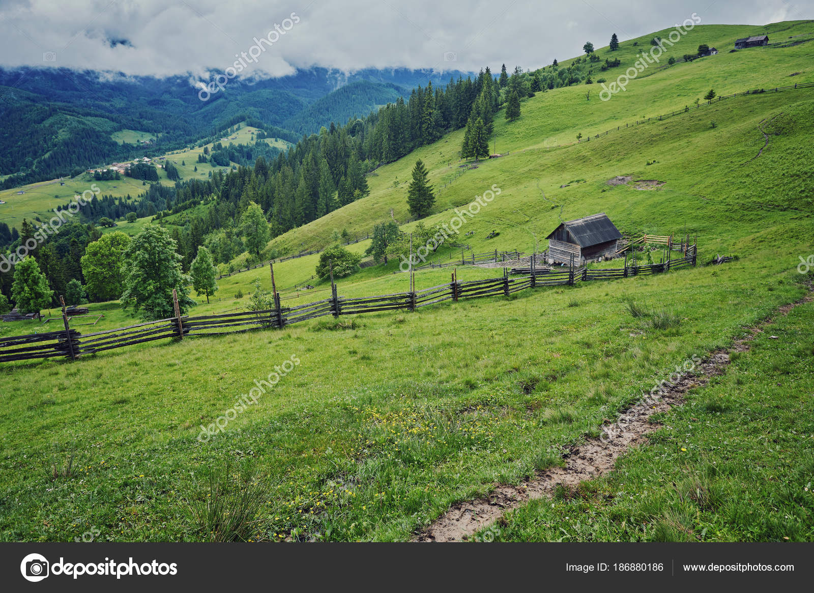 Composite Landscape Fence Cross Road Hillside Meadow Mountains Few Fir ...
