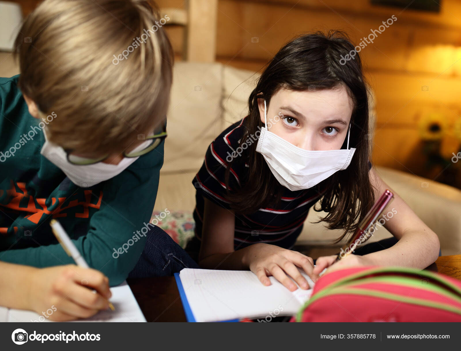 Children Doing Homework Home Masks Quarantine Covid — Stock Photo ...