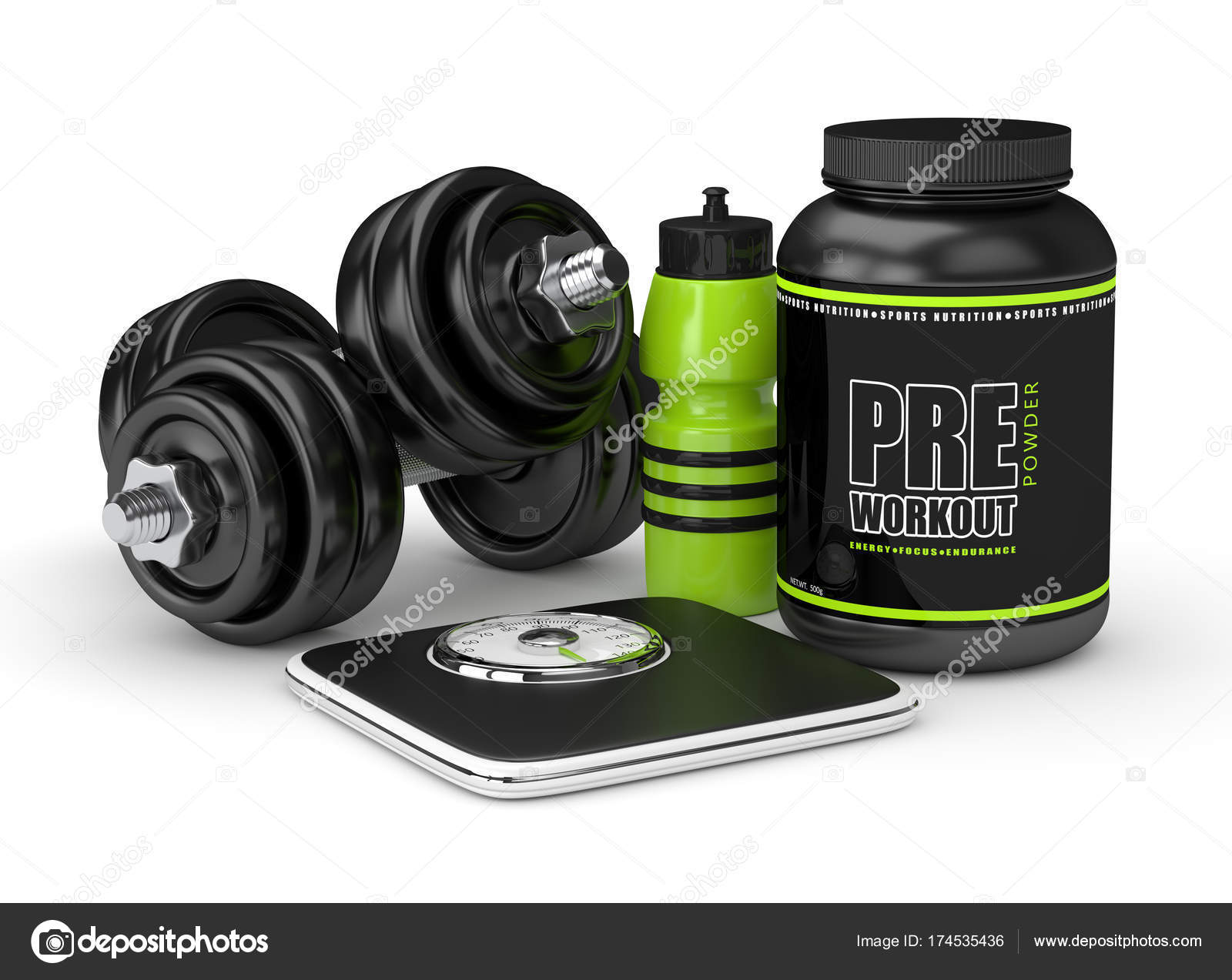 3d render of pre-workout powder with dumbbells, scale and drink Stock ...