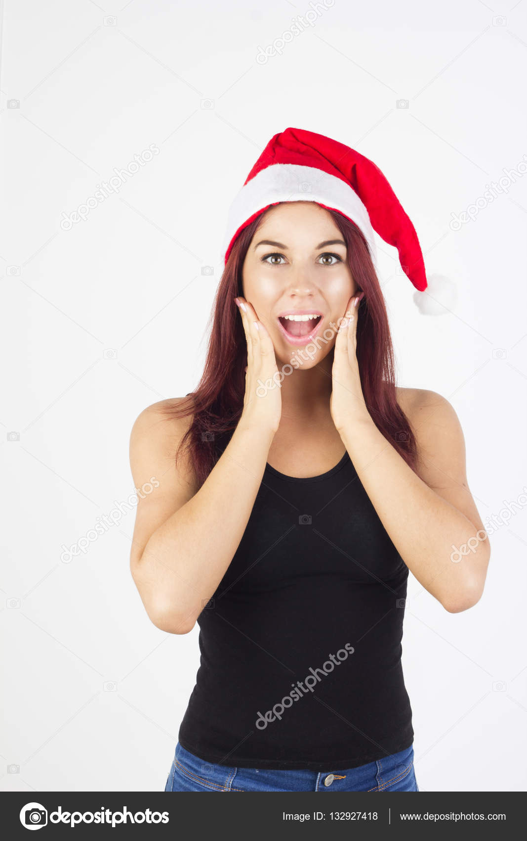 Surprised Woman In Santa Hat On White Background Surprised Happy