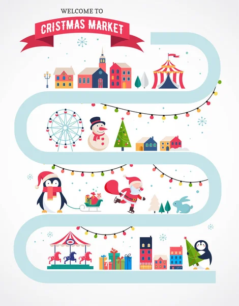 Christmas village map, winter town, board game with illustrations ...