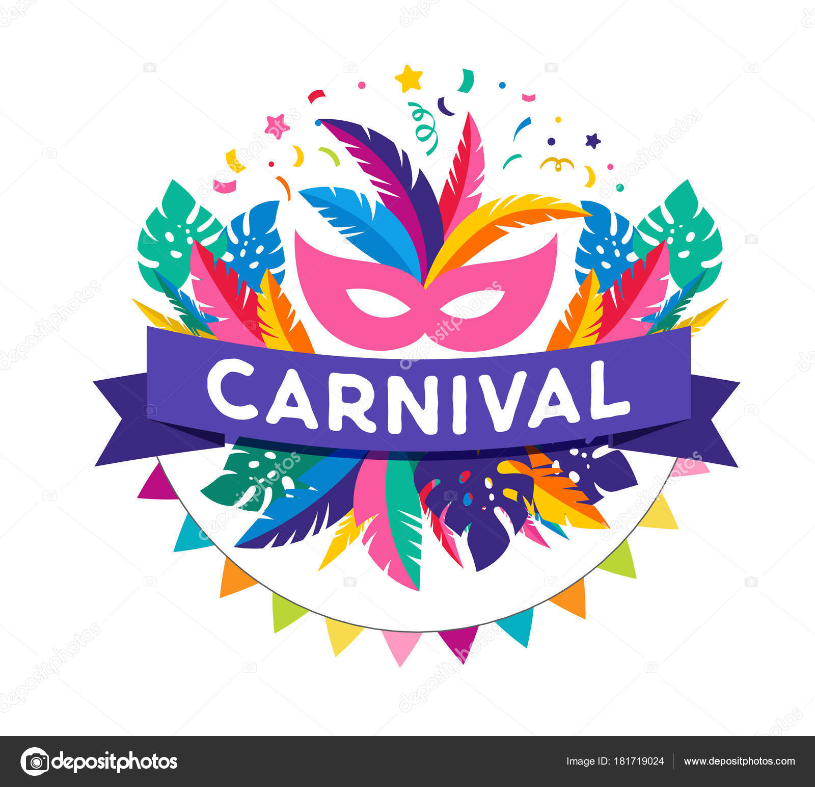 Carnival poster, banner with colorful party elements - mask, confetti ...