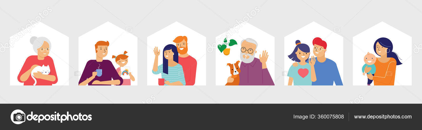 Zůstaň doma, konceptuální design. Různé typy lidí, rodiny, sousedé ve ...