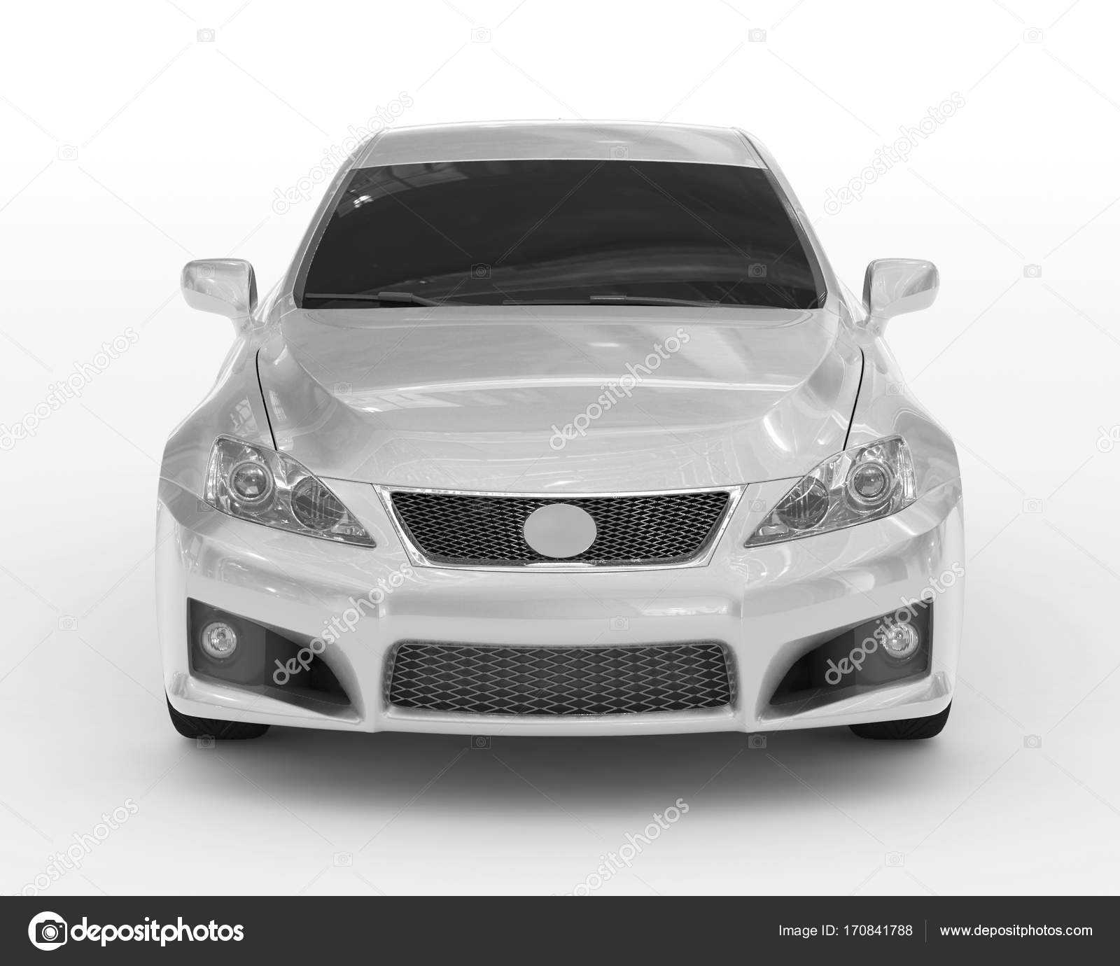 Car isolated on white - white paint, tinted glass - front view — Stock ...
