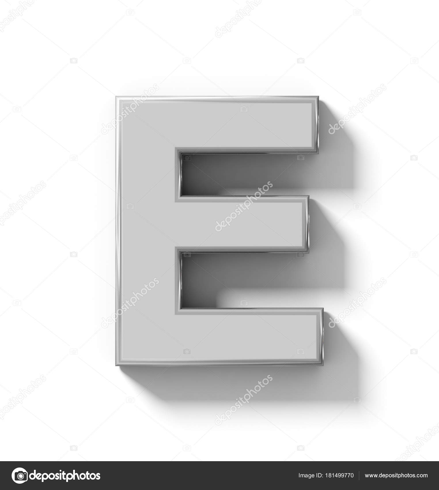 Letter E 3D silver isolated on white with shadow - orthogonal pr ...