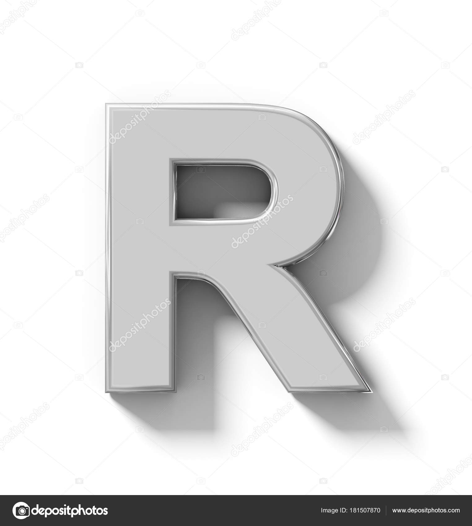 Letter R 3D silver isolated on white with shadow - orthogonal pr ...