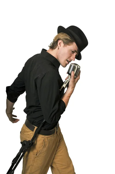 Side View Mixed Race Male Musician Hat Singing Microphone Isolated ...
