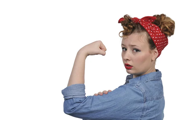 Woman Flexing Bicep Red Bandana