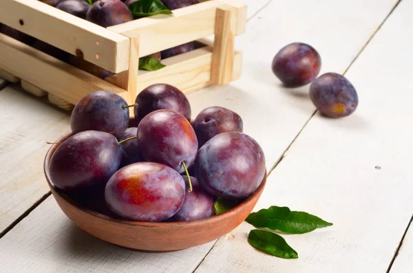 Clay plate with plums — Stock Photo © e_mikh #146580083