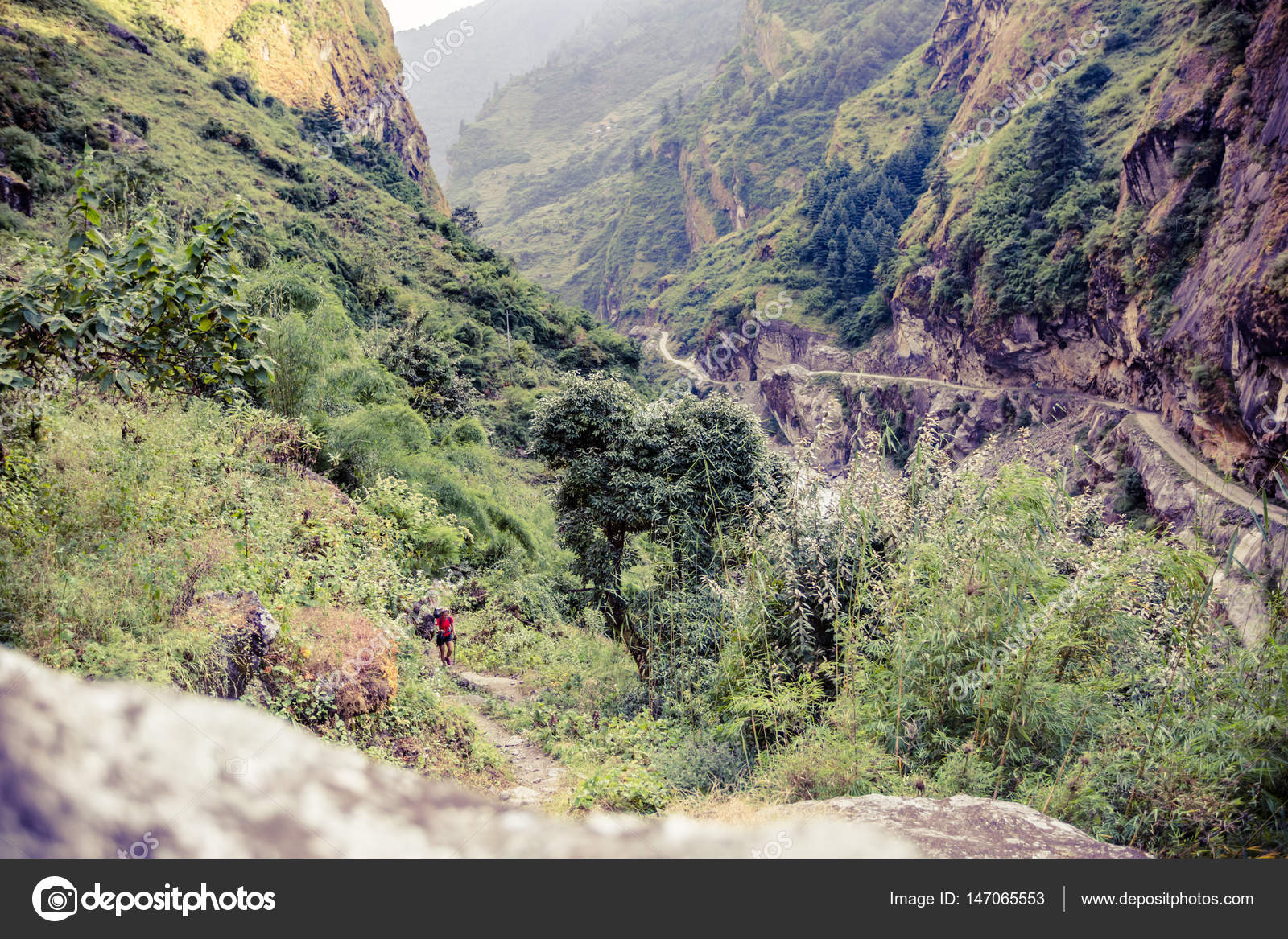 Female backpacker climbing with backpack in Himalayas, Nepal — Stock ...