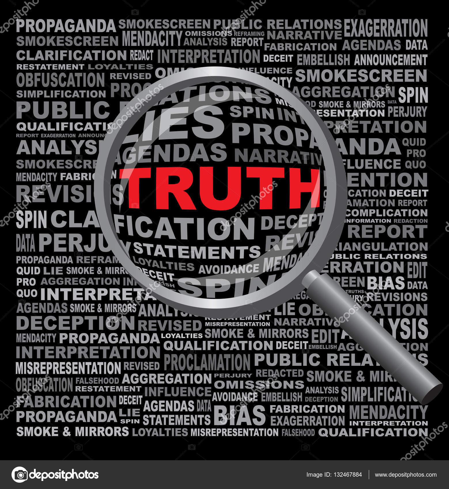 The word TRUTH hidden in a field of text revealed with a magnify ...