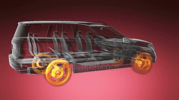 Loop car rotate. visible engine and gear transmission. wheels with glow ...