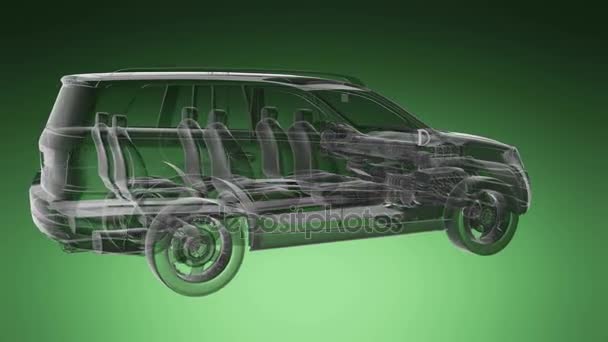 Loop car rotate. visible engine and gear transmission. wheels with glow ...