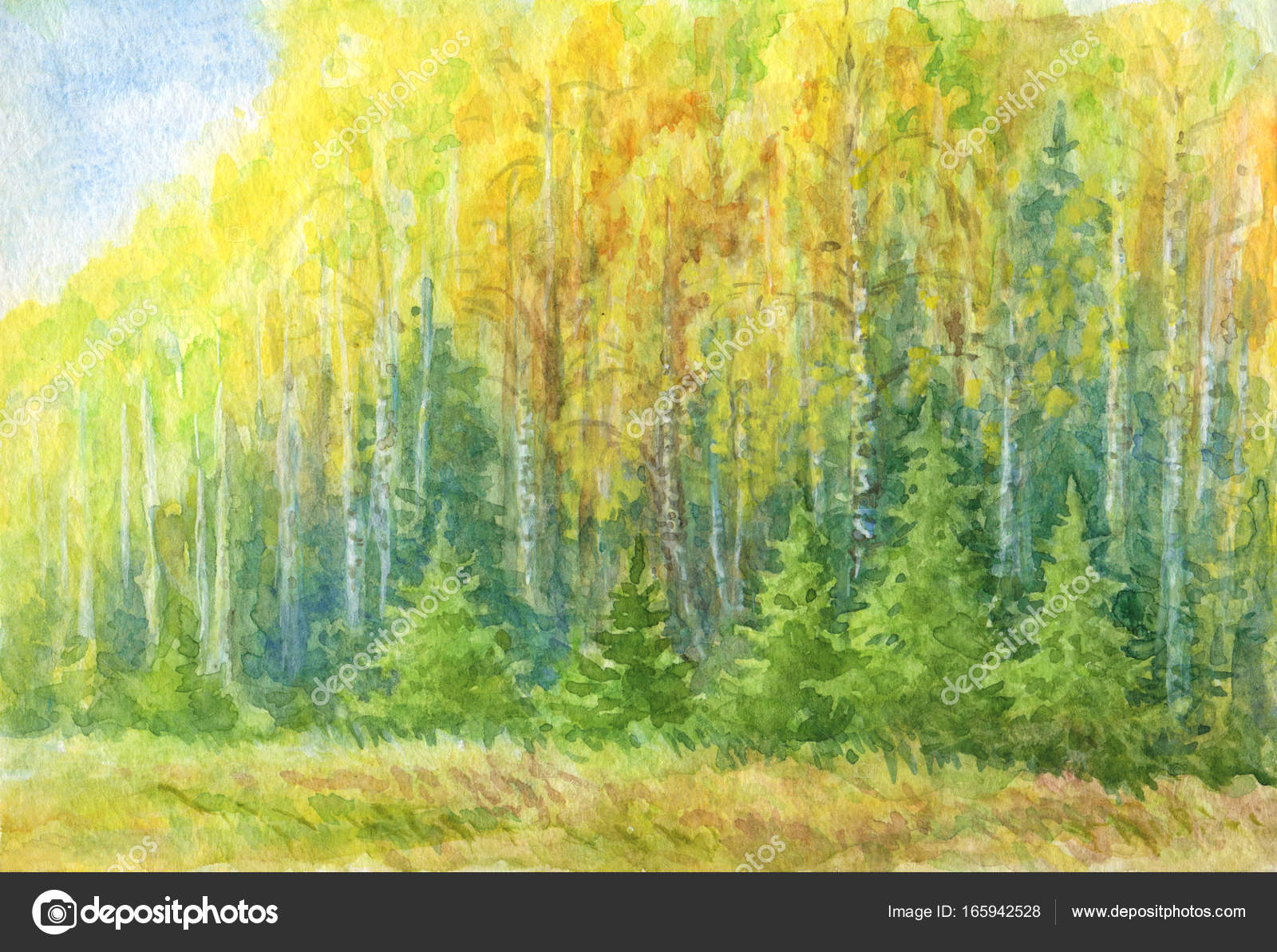 Autumn forest landscape watercolor drawing Stock Illustration by ...