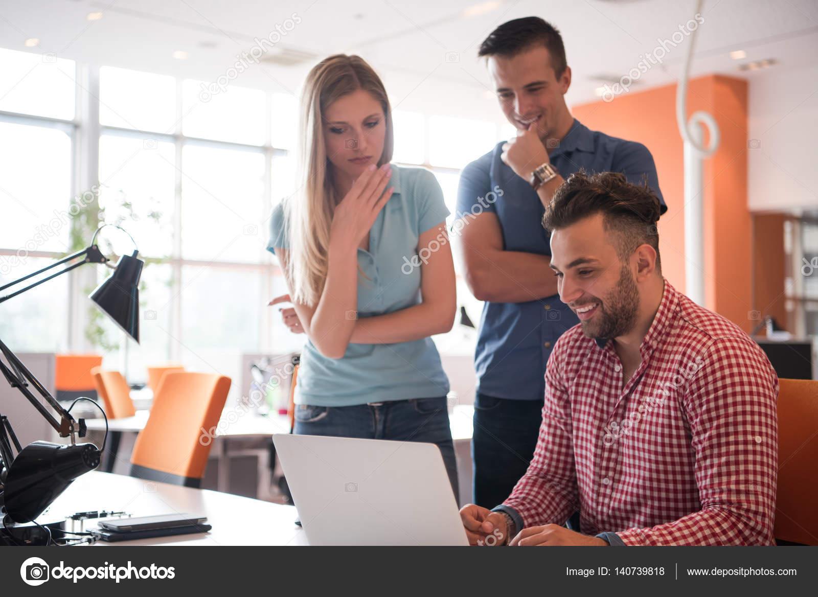 Group of young people employee workers with computer — Stock Photo ...