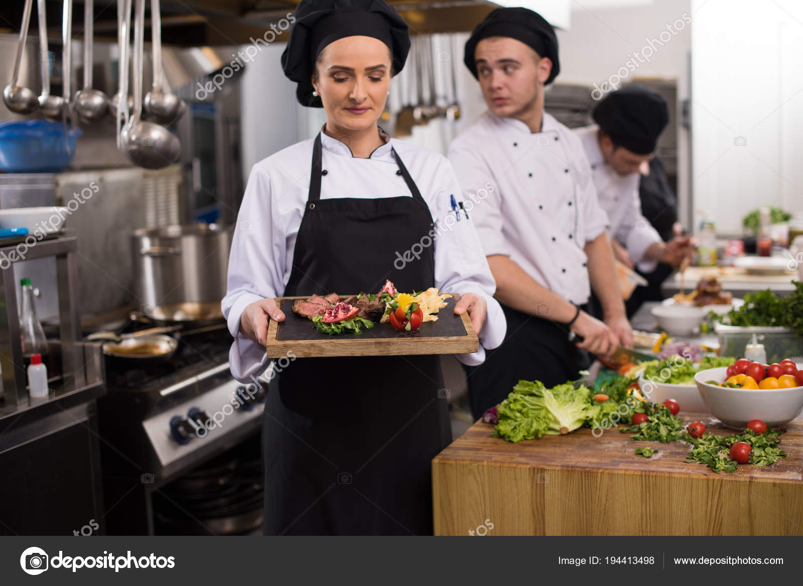 Female Chef Hotel Restaurant Kitchen Holding Grilled Beef Steak Plate ...