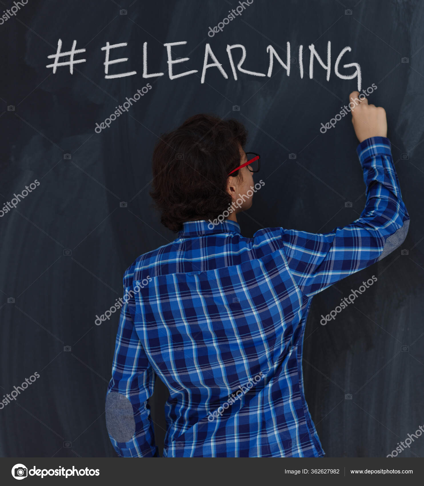 Smart Teen Boy Writing Chalk Hashtag Elearning Black Board School Stock ...