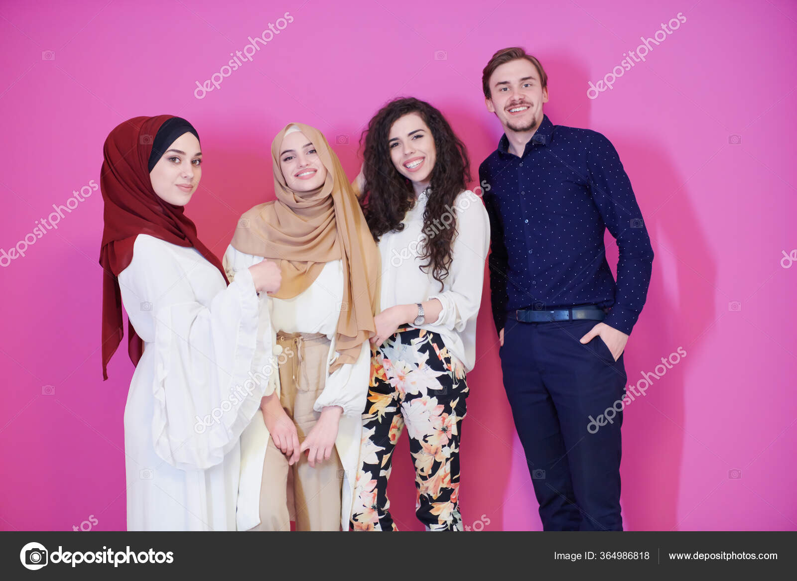 Group Portrait Young Muslim People Two Them Fashionable Dress Hijab ...